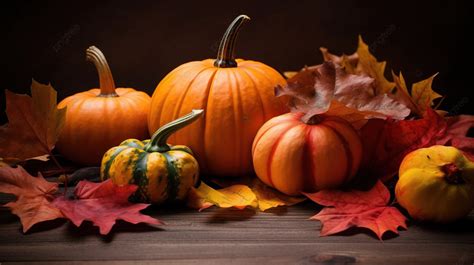 Pumpkins And Fall Leaves On A Table Background Pictures Of Fall Leaves