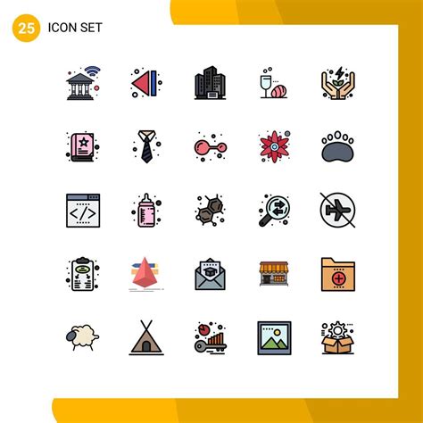 Set Of 25 Vector Filled Line Flat Colors On Grid For Power Electricity Apartment Drink Egg