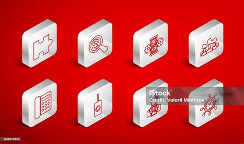 세트 라인 시계와 기어 돋보기 달러 모래 시계 프로젝트 팀 베이스 과학자 테스트 튜브 퍼즐 조각 원격 제어 및 전화 아이콘 벡터 3차원 형태에 대한 스톡 벡터 아트 및 기타