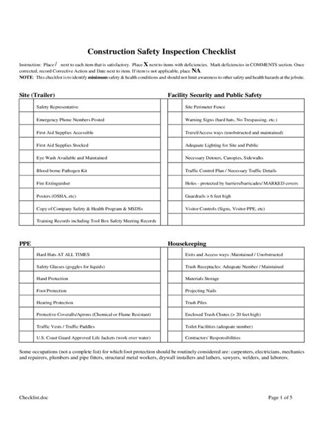 Construction Site Safety Inspection Checklist Template