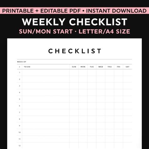 Weekly Editable Checklist Etsy
