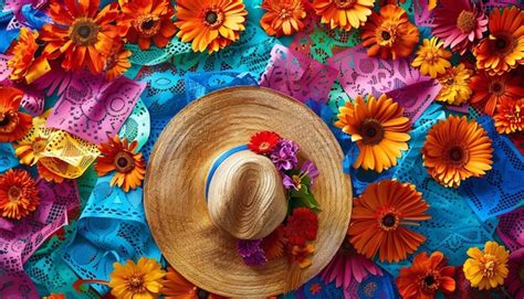 Hispanic Heritage Month Background With Mexican Paper Flags Straw Hat