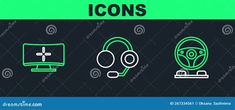 Set Line Racing Simulator Cockpit Computer Monitor And Headphones Icon