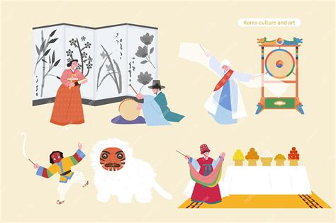 한국전통문화 판소리 승려사자탈춤 무당굿 프리미엄 벡터