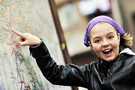 Girl With City Map Panel Direction Camping Navigation Photo Background And Picture For Free