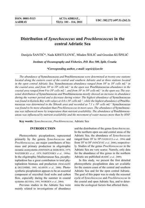 Pdf Distribution Of Synechococcus And Prochlorococcus In The Central Adriatic Sea