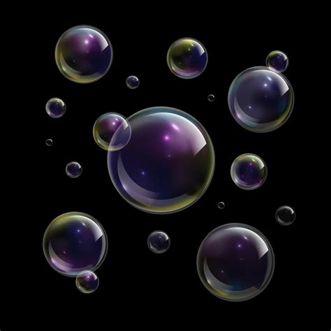 거품 비누 거품 추상 거품 샴푸 배경 지우기 비누 무지개 공 세척 버블 링 빛나는 배경 거품 질감 블랙 3d 투명 개체 벡터 현실적인 세트에 고립 프리미엄 벡터