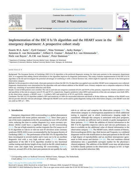 Pdf Implementation Of The Esc 0 H 1h Algorithm And The Heart Score In