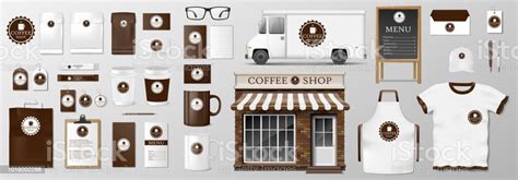 이랑 커피숍 카페 또는 레스토랑에 대 한 설정 기업 아이덴티티 디자인에 대 한 커피 식품 패키지입니다 골 판지 음식 배달 트럭