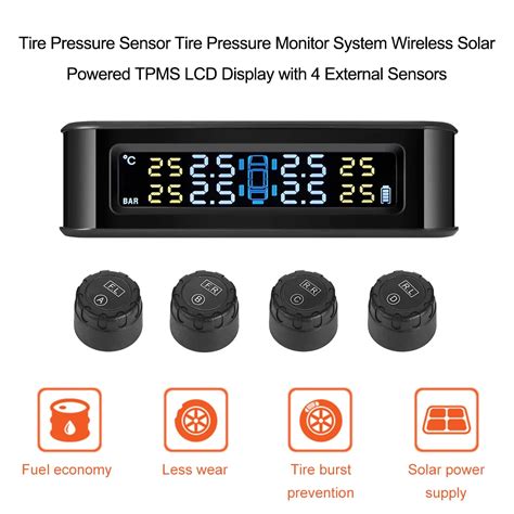 Wireless Solar Powered TPMS LCD Display With External Sensors Tire Pressure Sensor Tire