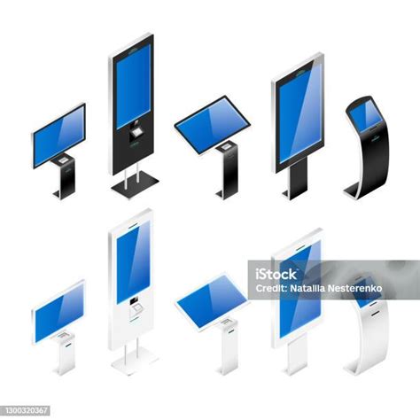 다른 자체 주문 키오스크 사실적인 벡터 일러스트 세트 빈 화면이 있는 대화형 보드는 평평한 색상 개체를 표시합니다 흰색 배경에 격리 된 독립형 지불 구조 3차원 형태에 대한