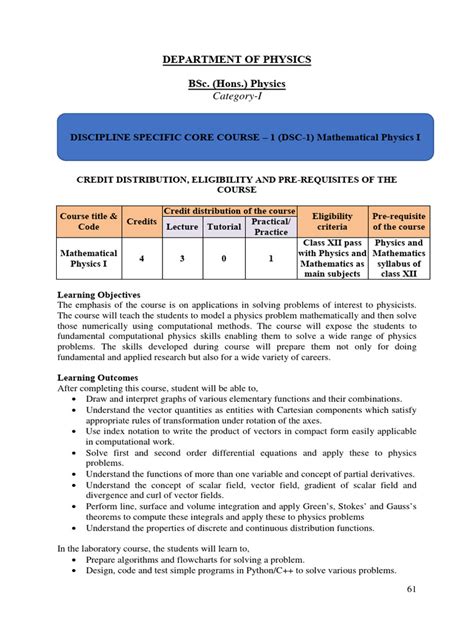 Sem I Syllabus Bsc Hons Physics Pdf Force Normal Mode