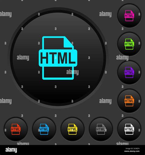 html file format dark push buttons with vivid color icons on dark grey