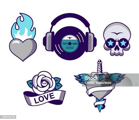 다양한 문신 오래된 스타일의 록 음악과 사랑 스티커 세트 개체 그룹에 대한 스톡 벡터 아트 및 기타 이미지 개체 그룹 검 고풍스런 Istock