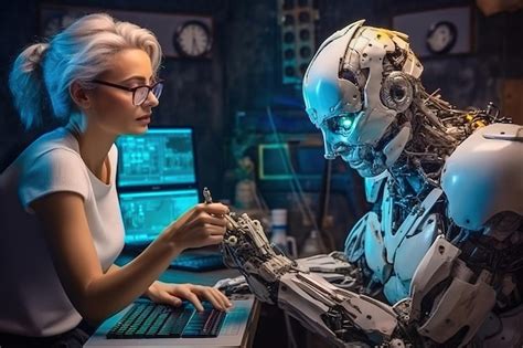 A Female Programmer Discusses Project Details With A Humanoid Robot