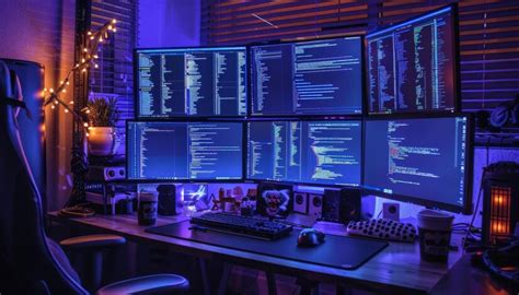 Premium Photo Programmers Workspace With Multiple Monitors