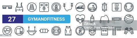 피트니스 단계 피트니스 바디 스웨덴 벽 러닝 머신 하인 권투 가방 요가 매트 웨이트 플레이트 피트니스 장갑 벡터 아이콘 웹 디자인과 같은 27 개의 얇은 라인 체육관 및