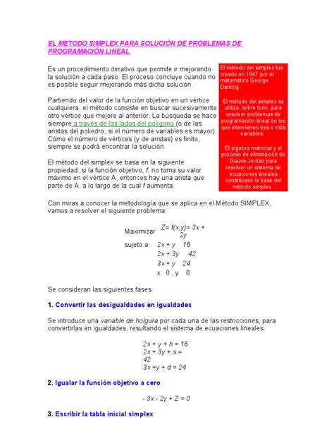 El Metodo Simplex Para SoluciÓn De Problemas De ProgramaciÓn Lineal