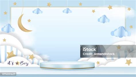 파란색 배경에 베이비 보이 샤워 카드를위한 벡터 귀여운 종이 예술 추상 종이 접기 구름 풍경 초승달 달과 3d 연단과 푸른 하늘에 별 아기의 사진을위한 복사 공간으로 종이