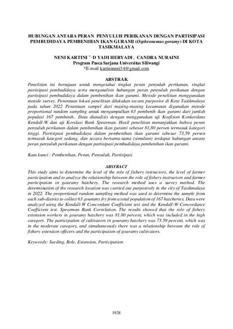 Pdf Hubungan Antara Peran Penyuluh Perikanan Dengan Partisipasi