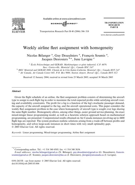Pdf Weekly Airline Fleet Assignment With Homogeneity