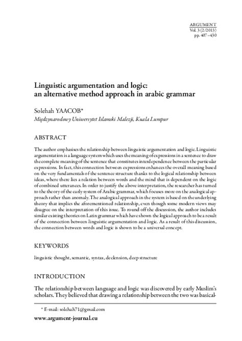 Pdf Linguistic Argumentation And Logic An Alternative Method Approach In Arabic Grammar