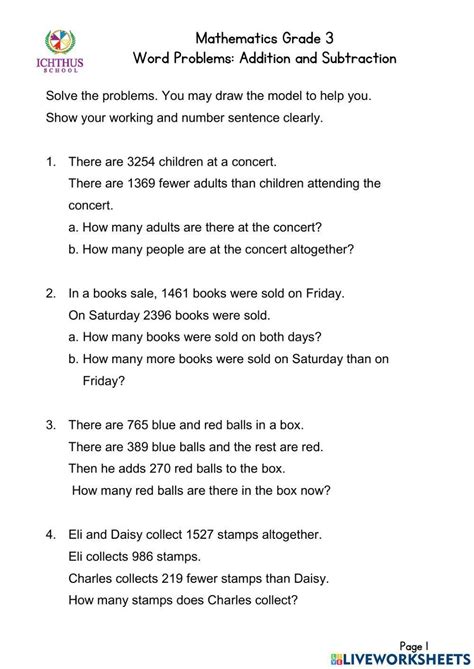 G3 Word Problems Addition And Subtraction Worksheet Live Worksheets