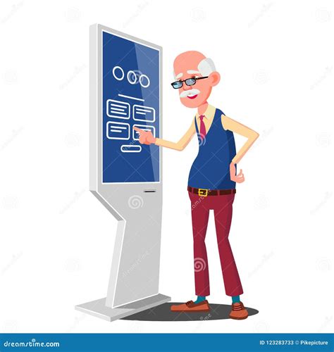 Old Man Using Atm Machine Digital Terminal Vector Digital Kiosk Led Display Self Service