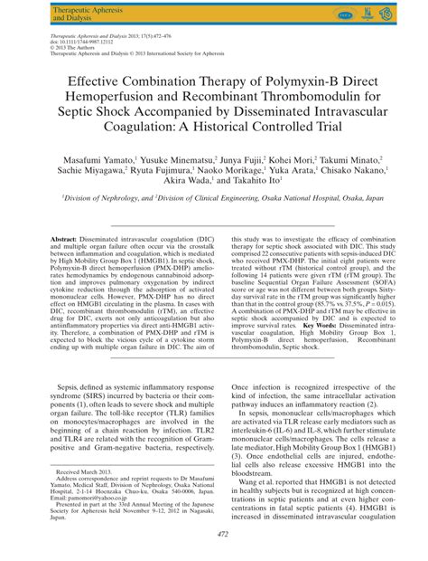 Pdf Effective Combination Therapy Of Polymyxin B Direct Hemoperfusion And Recombinant