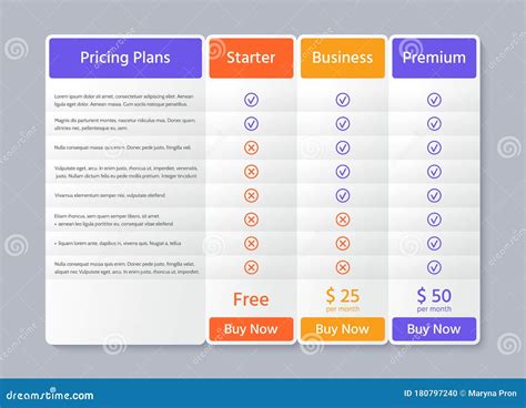 Price Table Comparison Template With 3 Columns Vector Illustration