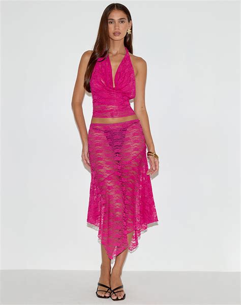 Orchid Lace Hot Pink Midi Skirt Cinta