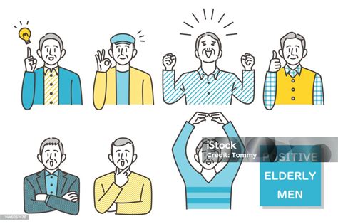 긍정적인 얼굴 표정을 가진 노인들의 집합 벡터 일러스트레이션 감정 시리즈에 대한 스톡 벡터 아트 및 기타 이미지 Istock