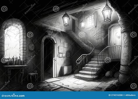 Detailed Pencil Sketch Of Basement With Intricate Details And Lighting Effects Stock