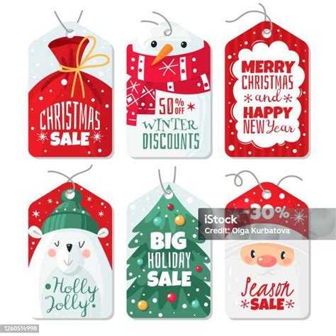 크리스마스 태그 산타 북극곰 눈사람 문자가 붙은 겨울 축제 용 Xmas 가있는 태그 판매 및 할인 스티커 카드 벡터 세트와 장식 선물 라벨 산타 클로스에 대한 스톡 벡터