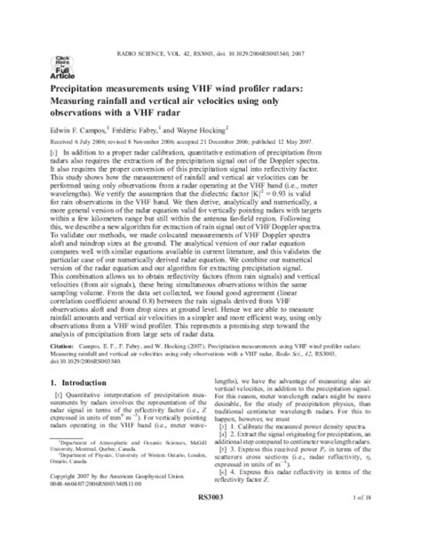 Pdf Precipitation Measurements Using Vhf Wind Profiler Radars Measuring Rainfall And Vertical