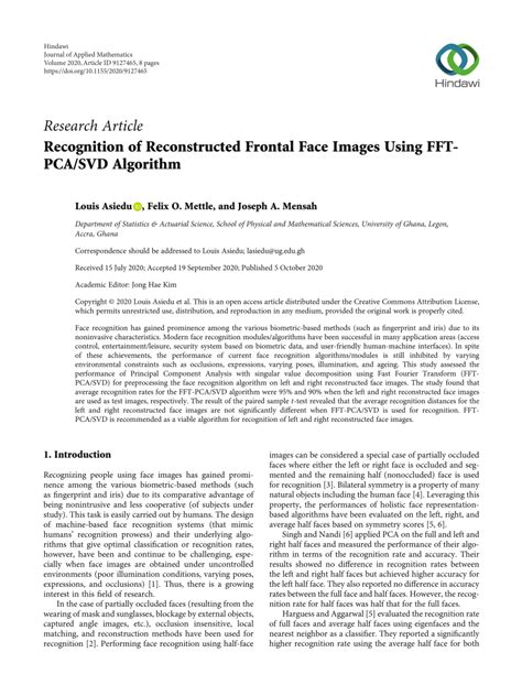 Pdf Recognition Of Reconstructed Frontal Face Images Using Fft Pcasvd Algorithm