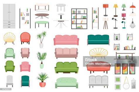가구는 평면 디자인의 그래픽 요소를 설정합니다 아늑한 홈 인테리어를위한 다양한 테이블 램프 안락 의자 식물 소파 장식 의자 및 기타 품목의 번들 벡터 그림 격리 된 개체