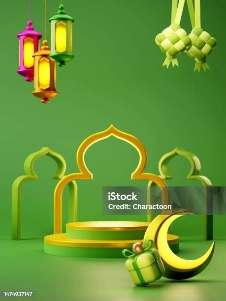 이슬람 초승달과 장식 장식 요소 배경이 있는 3d 이슬람 축제 연단 녹색 배경에 대한 스톡 사진 및 기타 이미지 녹색 배경 이슬람교 0명 Istock
