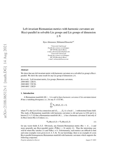 PDF Left Invariant Riemannian Metrics With Harmonic Curvature Are Ricci Parallel In Solvable