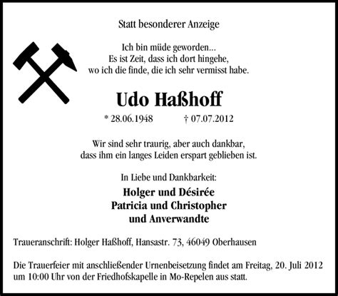 Traueranzeigen Von Udo Haßhoff Trauer In Nrw De