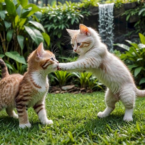 Two Cats Playing In The Grass With One Biting Another Premium Ai