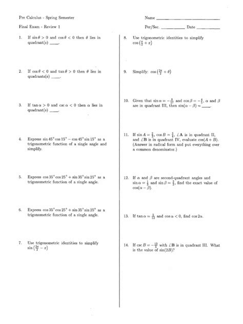 Math Pre Calculus Semester Two Final Review Pdf Sine Trigonometric Functions