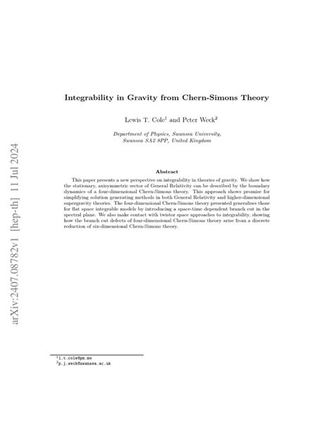 Integrability In Gravity From Chern Simons Theory Pdf Gauge Theory Dimension