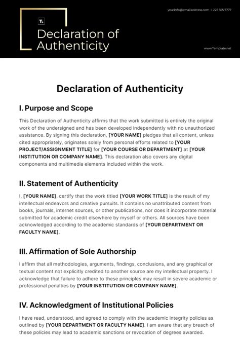 Free Declaration Of Authenticity Template To Edit Online