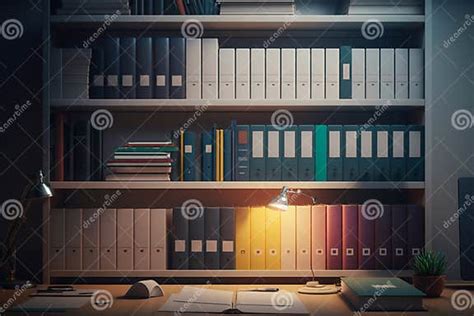 Wall From Shelves With File Binders An Office Room With Papers And Documents Generative Ai