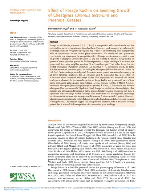 Pdf Effect Of Forage Kochia On Seedling Growth Of Cheatgrass Bromus