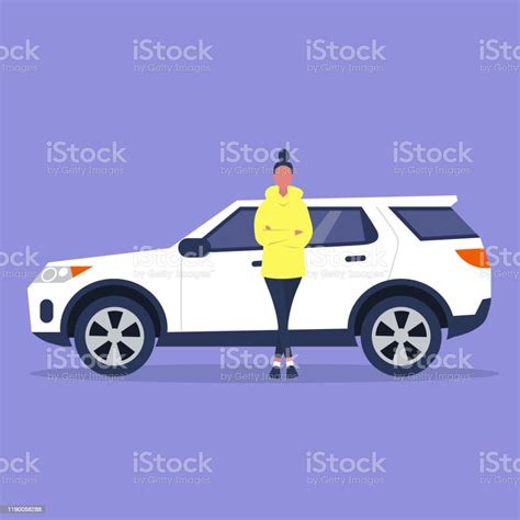 스포츠 카 플랫 벡터 일러스트레이션에 기대어 전체 길이의 젊은 여성 캐릭터 차에 대한 스톡 벡터 아트 및 기타 이미지 차 운전하기 여자 Istock