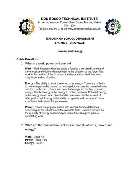 Activity 2 On Work Power And Energy Pdf Power Physics Force