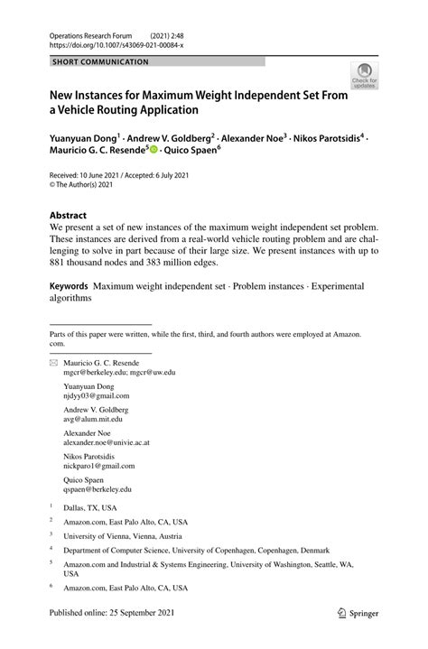 Pdf New Instances For Maximum Weight Independent Set From A Vehicle