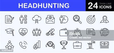 헤드헌팅 웹 아이콘이 설정되었습니다 헤드 헌팅 간단한 얇은 선 아이콘 모음입니다 면접 채용 프로세스 입후보 팀 경력 경로 이력서 등을 포함합니다 간단한 웹 아이콘 설정